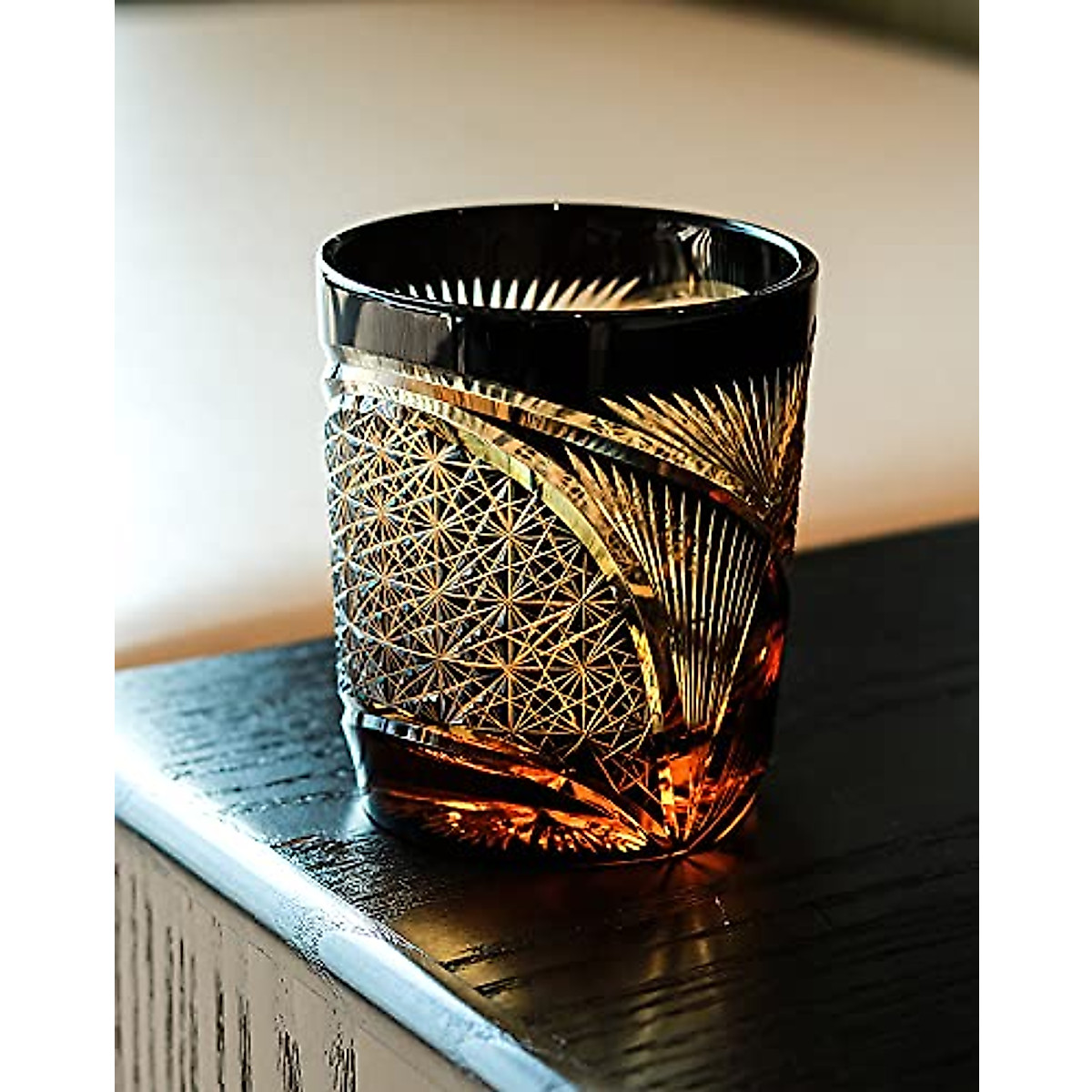 JINZHI Old Fashioned Glass Japanese Style 8OZ Amber Black Rocks Glasses Engraved Tumbler Drinkware Glasses for Whiskey Vodka with Gift Box
