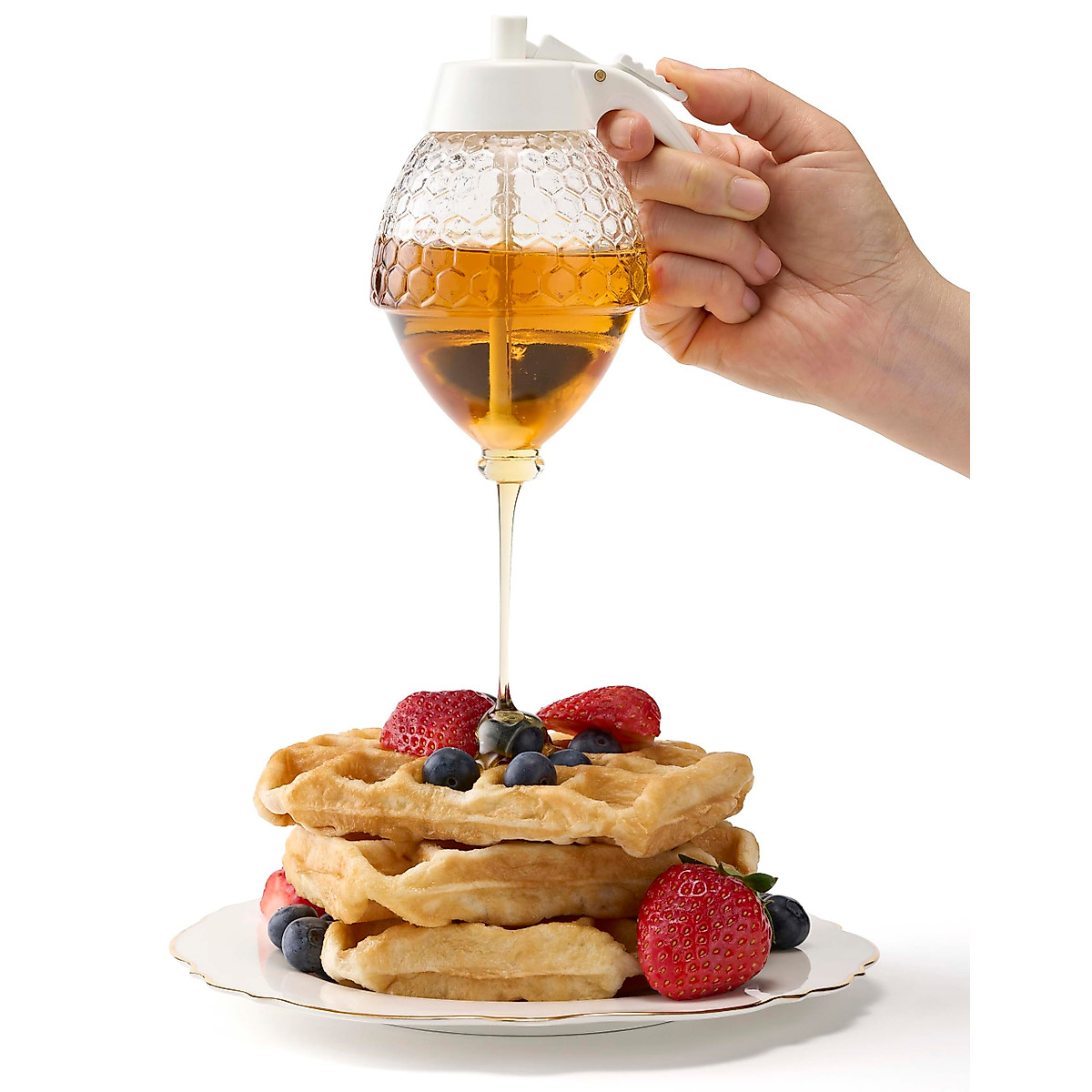 PAULSWAY Glass Honey Dispenser Jar - Premium No Drip Design, Elegant Honeycomb Shape with White Lid - Durable Glass & ABS for Honey and Syrup