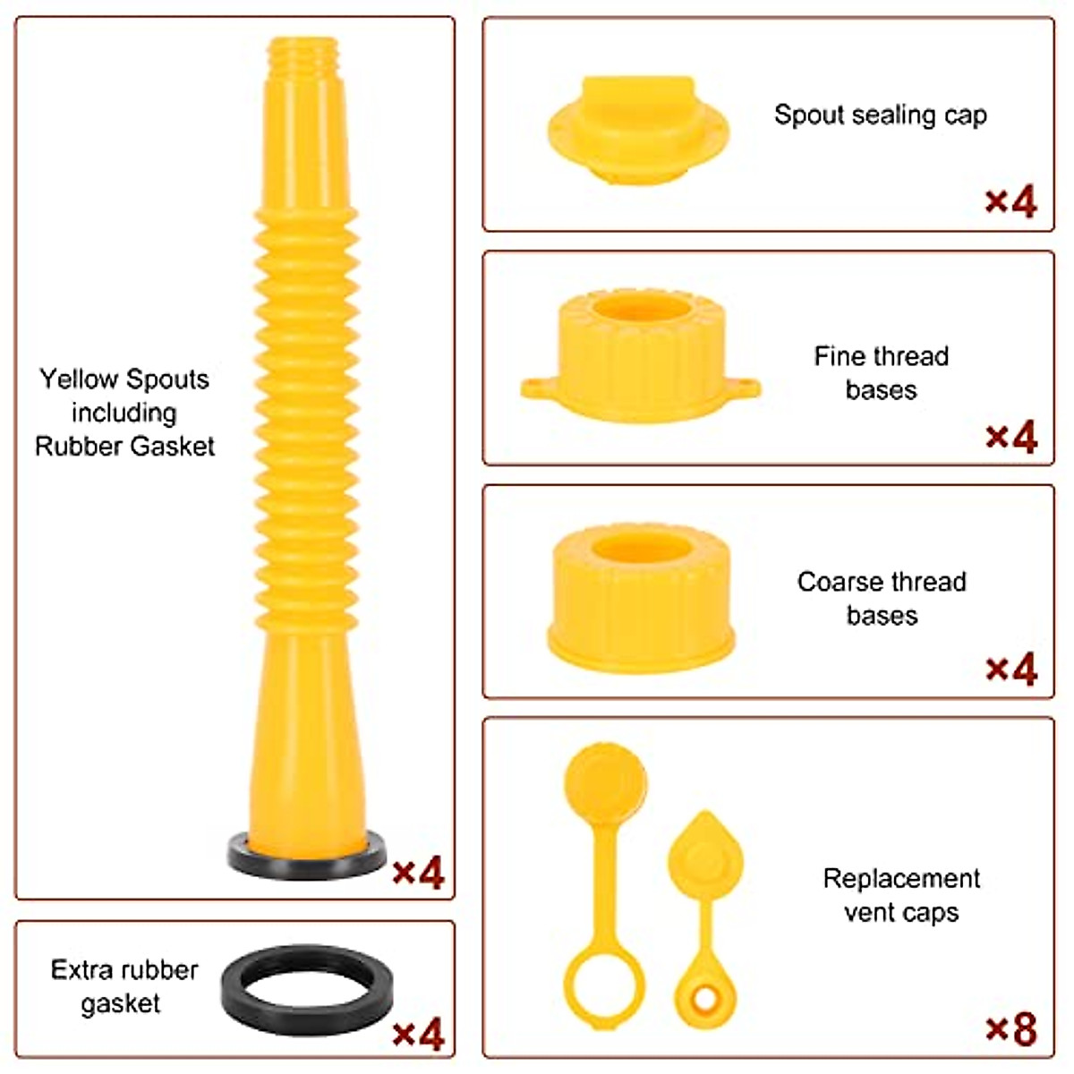 NEAGLORY 4-Kit Gas Can Spout Replacement, Flexible Pour Nozzle with Screw Collar Caps, Spout, Spout Sealing Cap, Extra Rubber Gasket, Replacement Vent Caps Suitable for Most 1/2/5/10 Gal Oil Cans