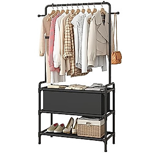 Calmootey Clothing Rack with Storage Bag,Non-woven Shelves for Shoes,Multi-Functional Garment Rack for Bedroom,Hallway,Black