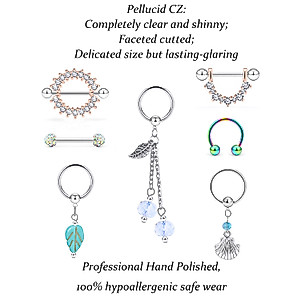 Vsnnsns 14G Nipple Rings Nipplering for Women 14mm Stainless Steel Chain Dangle Captive Nipple Rings Straight Tongue Ring Piercing Barbell Hoop Nipple Rings CZ Heart Shape Piercing Jewelry 12 Pairs