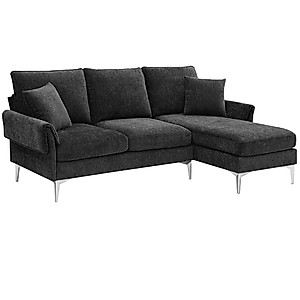 L-Shaped Sofa with Chaise Lounge, Reversible Sectional Sofa Couch with 2 Pillows, Upholstered Couch for Living Room, Bedroom, Small Space (Black)
