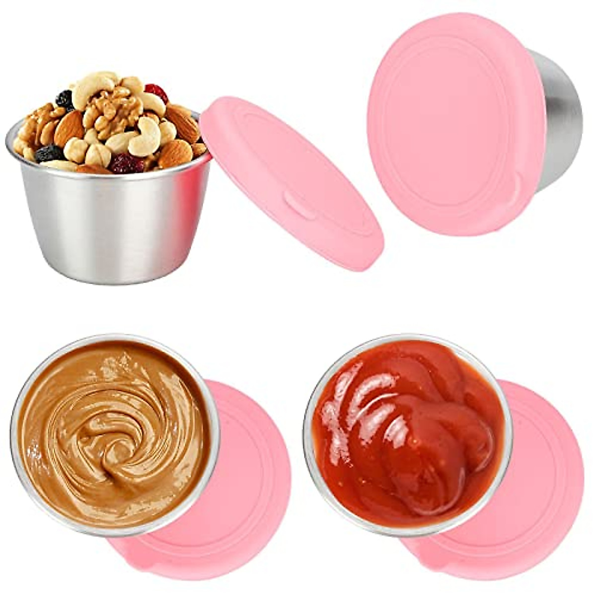 Salad Dressing Condiment Container To Go,Stainless steel Small Food Containers With Silicone Lids, Leakproof and Reusable Dipping Sauce Cups Fits in Bento Box for Picnic Travel Office, 6x1.6oz