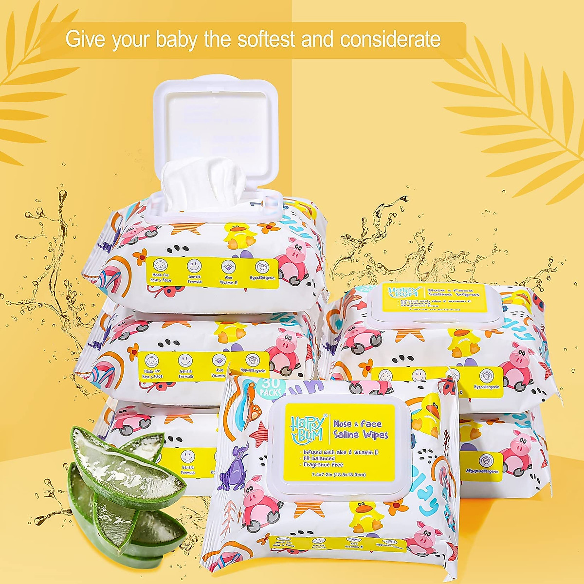 Baby Wipes - HAPPY BUM Saline Baby Wipes, Hypoallergenic, Unscented, 180 Count (6 Packs of 30 Wipes) Saline Nose and Face Wipes