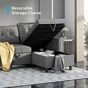 Mjkone 3 Seat L-Shape Sectional Sofa Couch with Pull Out Bed and Reversible Storage Chaise, Modern 83 Inch Sleeper Sofa with Breathable Velvet Fabric and Nailhead Trim for Living Room, Dark Gray