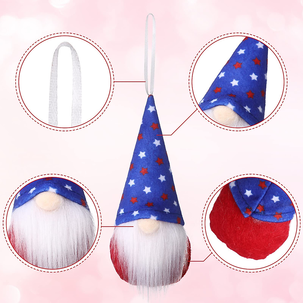 8 Pieces Patriotic 4th of July Gnome Ornaments American Independence Day Decorative Plush Dolls USA Classic Hanging Gnome with 6.6 Feet LED Light Chains for Home Garden Decoration, 8 Styles