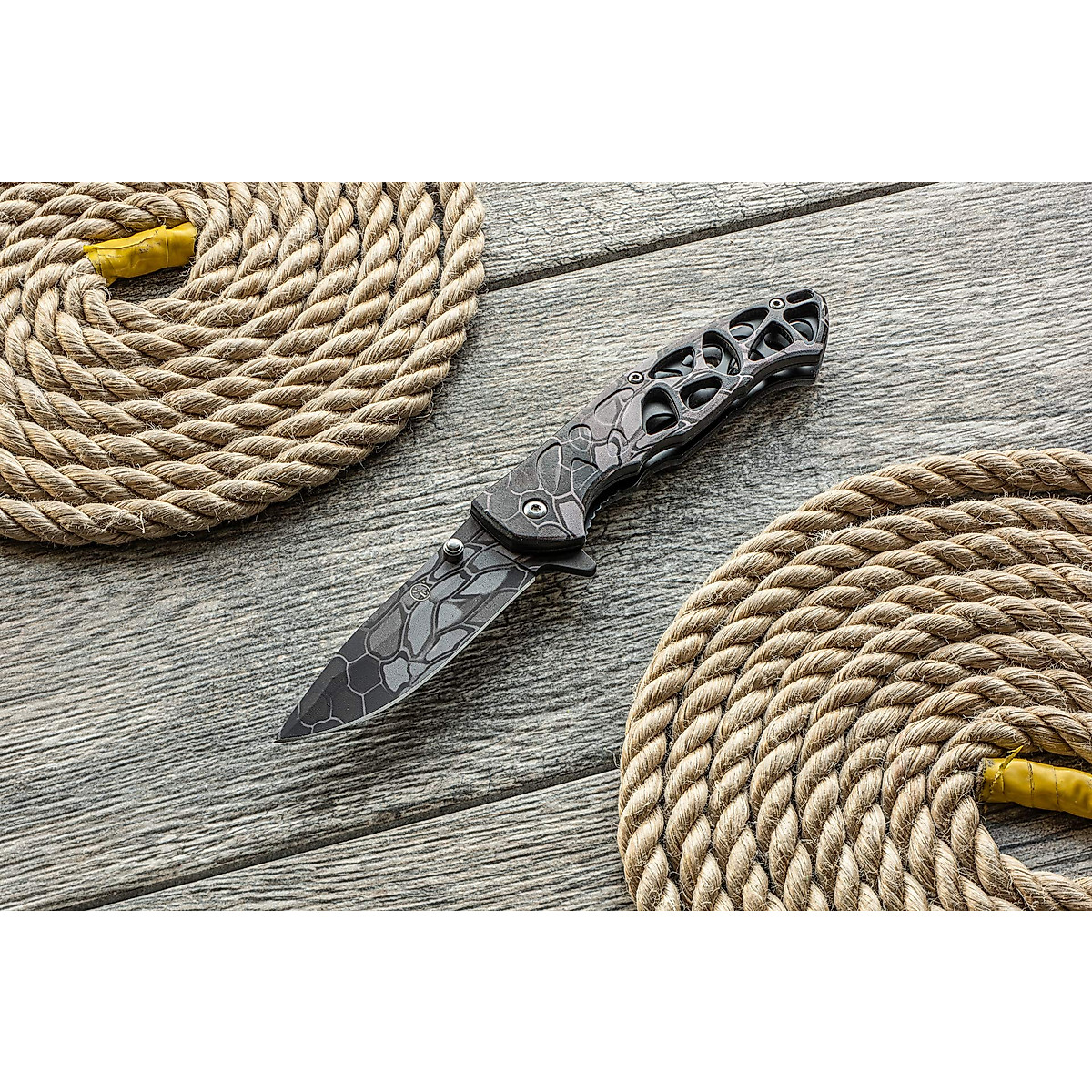 SE Spring Assisted Drop Point Folding Knife with Brown Snake Skin Design - KFD20022-1