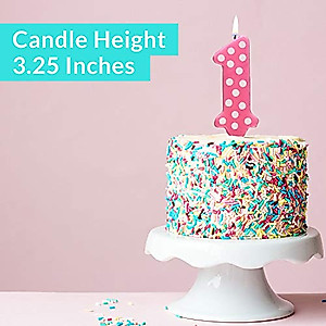 Oasis Supply Girl Polka Dot No. 1 Birthday Party Wax Candle For Cake Decorations, 3.25” Tall, Pink & White