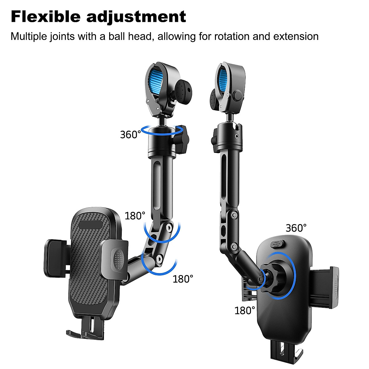 Quyee Phone Holder Car, Rear View Mirror Phone Holder - Aluminum Alloy Mount Multi-Angle Adjustment Rotatable and Retractable Compatible with All 4-7 Inch iPhone and Android Cell Phones
