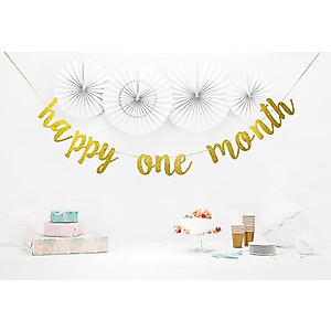 Starsgarden Glittery Gold Happy One Month Banner, Baby Boys/Girls' 1 Months/Half Year Birthday, Baby Shower Party Gold Gliter Paper Sign