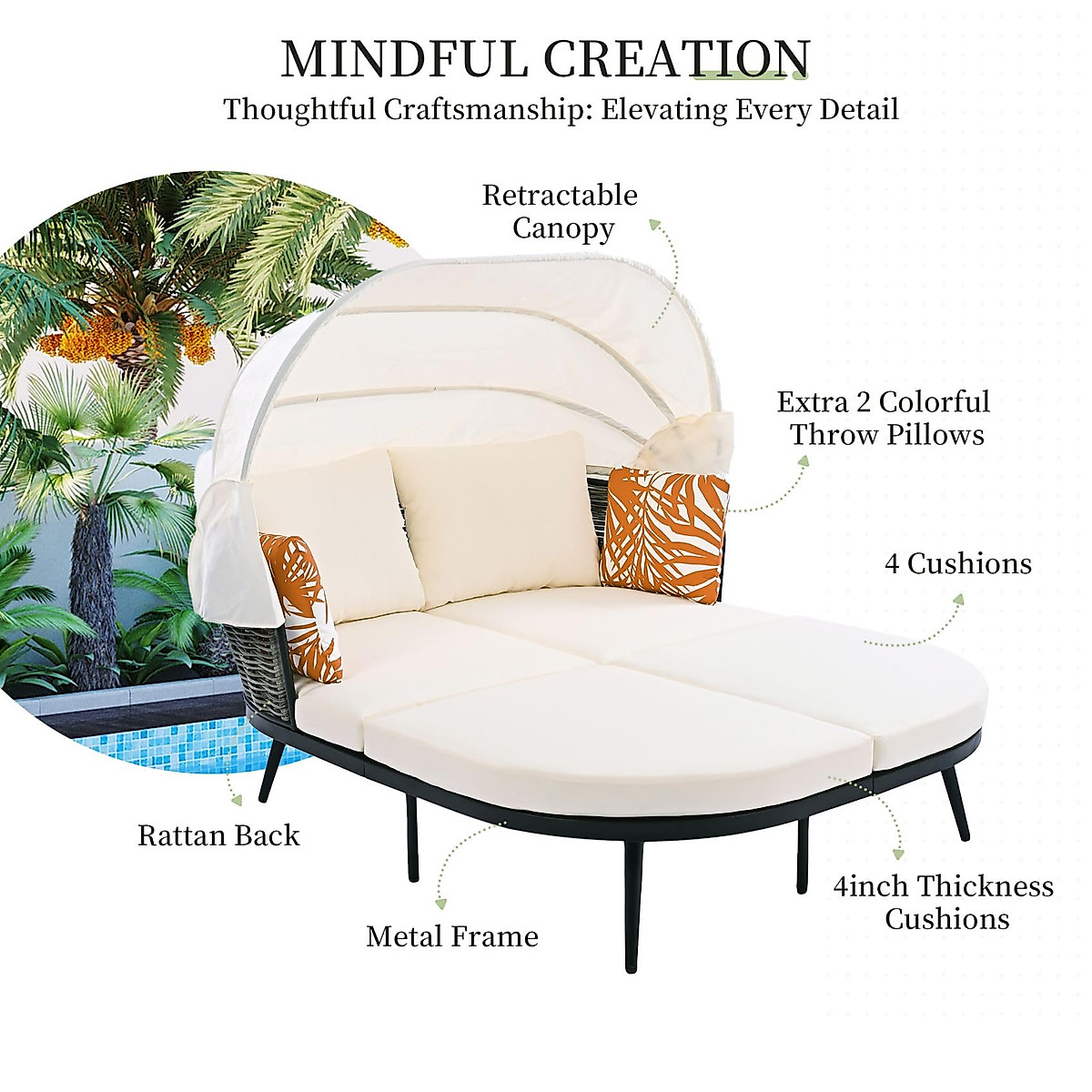 Merax 74.8" L Outdoor Daybed with Retractable Canopy Mattress Included, Patio Rattan Back Loveseat Sofa, Day Bed Throw Pillows and Cushions Set for Backyard, Poolside, Garden, Beige