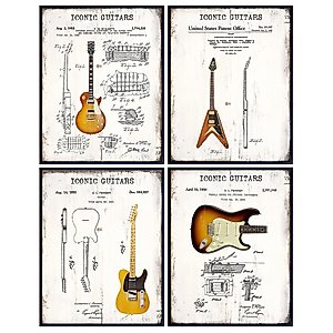 Guitar Wall Art - Iconic Vintage - Patent Print Poster Set- Gift for Music Fan, Musician, Guitar Player, Men - Room Decor for Teens Bedroom -8x10 Set