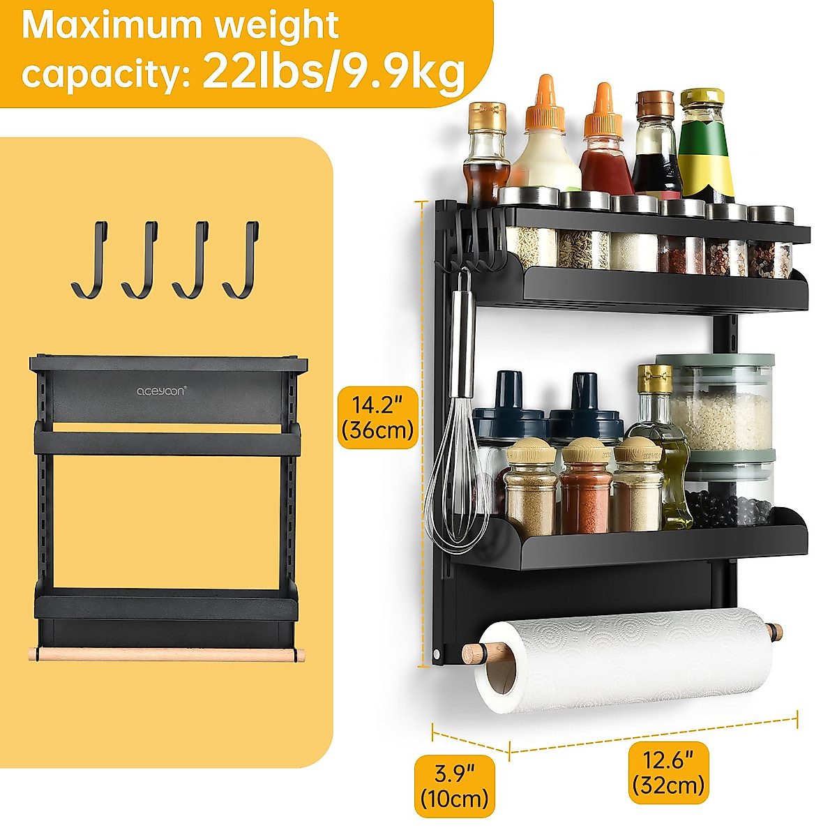aceyoon Magnetic Spice Rack for Refrigerator, 2-Tier Magnet Kitchen Organizer, 2-in-1 Fridge Magnet Kitchen Wall Organizer with Paper Towel Holder for Store Spices, Jar of Olive Oil (Black)