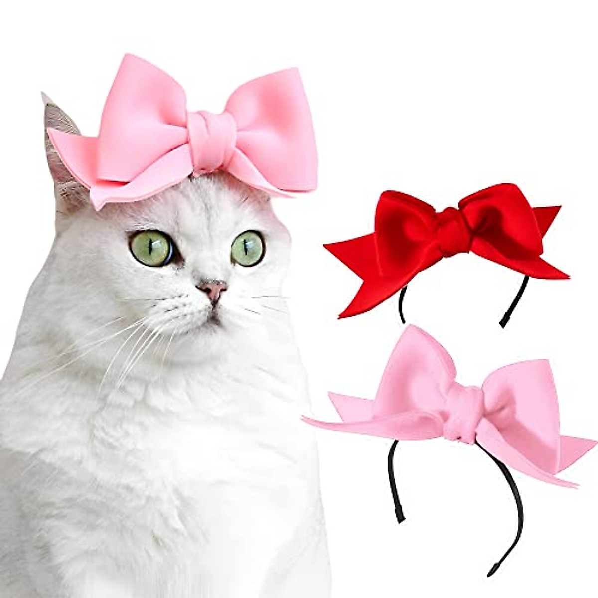 CheeseandU 2Pack Pet Cute Bow Headbands Stretchy Handmade Bow Headband for Dog Cat Puppy Bathroom Apparel Birthday Party Wedding Xmas New Year Valentines Day Costume Photo Prop(Pink, Red)