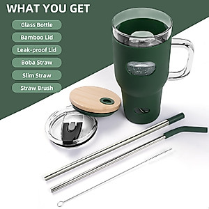 32 oz Glass Tumbler with Straw and Lid, Glass Water Bottle with Handle, Iced Coffee Tumbler with Silicone Sleeve, Christmas Gifts for Women Men, BPA Free Glass Cup Reusable Drinking Glasses