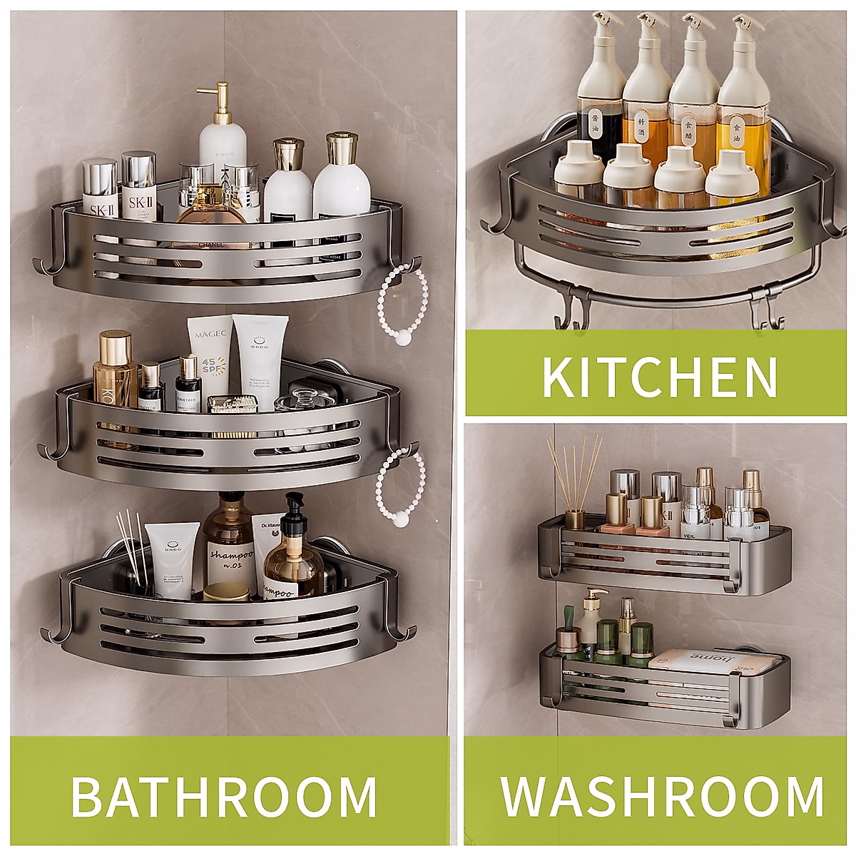 shengtianvdi Shower Caddy Suction Cup, Shower Shelves for Inside Shower, Grey Metal Shower Stroage NO-Drilling Bathroom Shower Organizer, Heavy Duty Shower Holder (Square shaped storage rack)