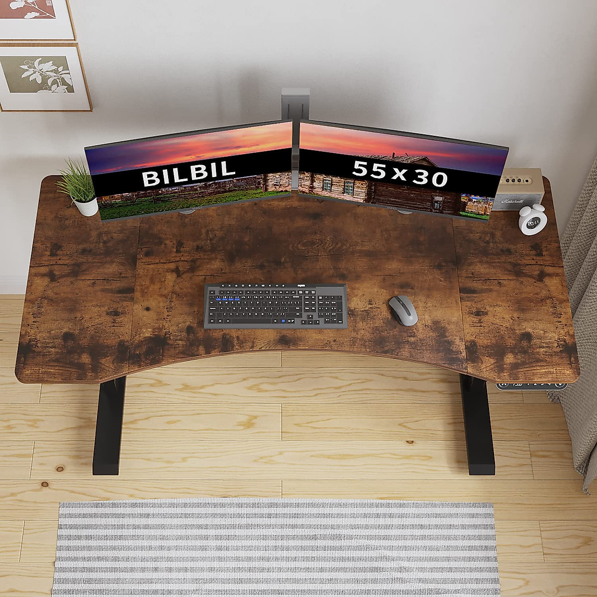 bilbil Electric Standing Desk 55 x 30 Inches, Height Adjustable Sit Stand Desk with Splice Board, Casters with Brake, Black Frame/Rustic Brown Top