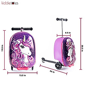 KIDDIETOTES 3-D Hardshell Ride On Suitcase Scooter for Kids - Cute Lightweight Kids Luggage with Wheels - Fun LED Lights