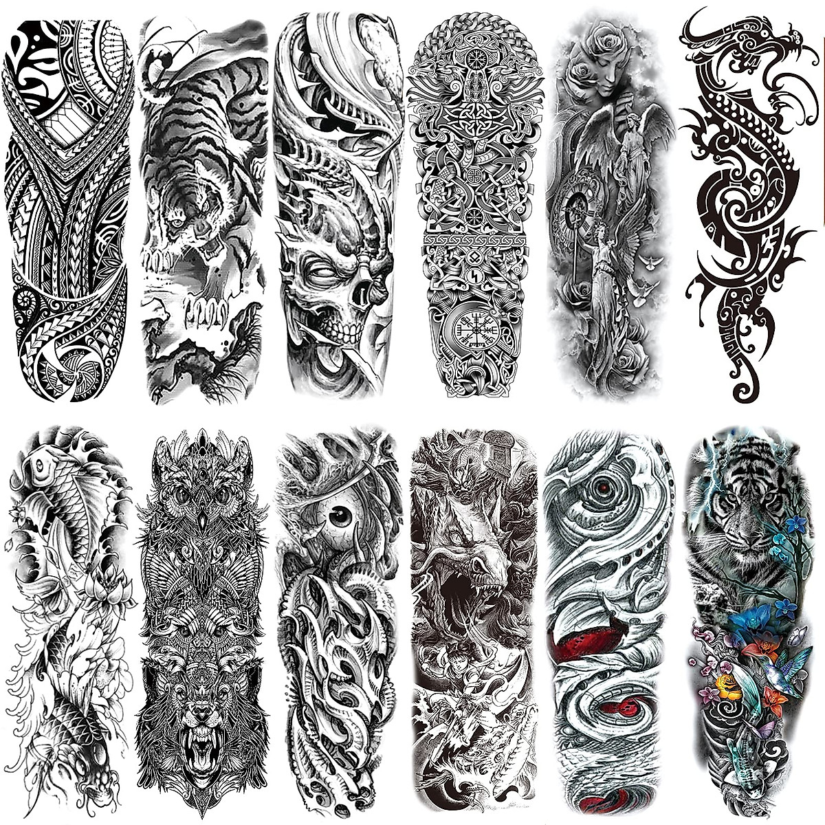 CUTELIILI Full arm temporary tattoo for Men,12sheets (L19“xW7”) Sleeve Tattoos temporary, Fake Tattoos That Look Real and Last long，Tiger Dragon Koi Evil Eyes