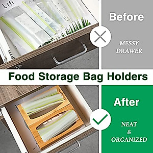 Food Storage Bag Organizer Holders Bamboo Kitchen Drawer Bag Storage 4 Pieces Separate Bag Storage Dispenser Bag Storage Box Suitable for Gallon, Sandwich, Quart, Candy and Snack Variety Size Bag