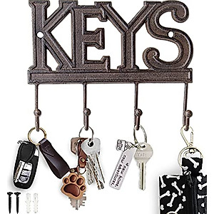 Comfify Key Holder for Wall - Decorative Farmhouse Rustic Wall Mount Key Organizer with 4 Hooks - Vintage Cast Iron Key Rack with Screws and Anchors – 6x8” - Brown