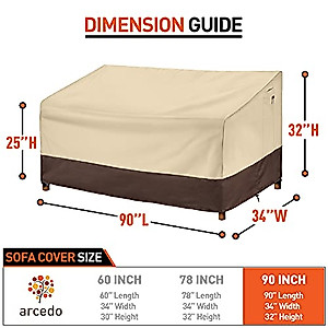 Arcedo Outdoor Sofa Cover, Heavy Duty Waterproof Patio Oversized Sectional Cover for 3-Seater Couch, Large Durable Garden Furniture Bench Cover with Air Vent, 90” x 34” x 32”, Beige & Brown