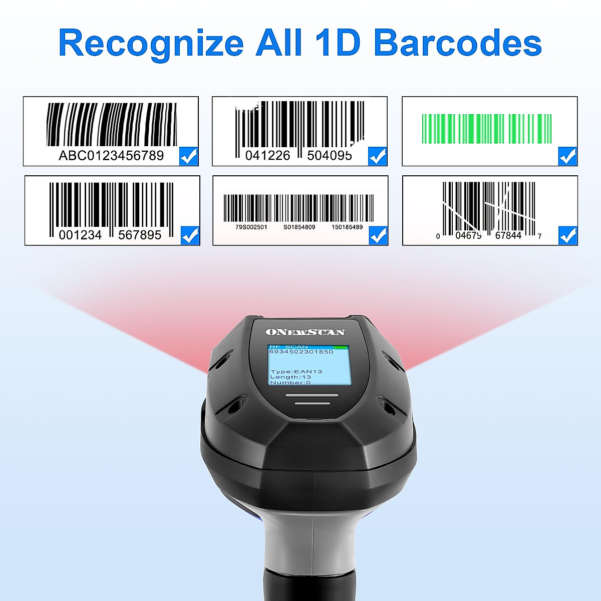 Barcode Scanner Wireless, Onewscan 1D Laser Barcode Reader with Stand 2.4G Wireless & USB Wired Connection 2 in 1 Plug and Play Handheld Bar Code Scaners