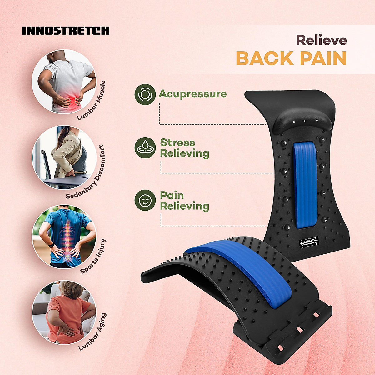 Innostretch Back & Neck Stretcher Set - Two-in-One Solution for Lower Back and Neck Pain Relief - 3 Adjustable Arch Levels - Release and Take Control of Your Spinal Health