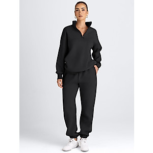 AUTOMET Women's Sweatsuits 2 Piece Outfits Long Sleeve Half Zip Pullover and Baggy Sweatpants with Pockets Black M