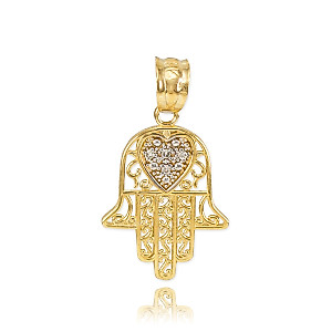 Middle Eastern Jewelry Solid 14k Yellow Gold Diamond-Accented Heart Filigree-Style Hamsa Charm Pendant