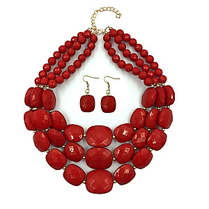 MEQNOIG 3 Layered Beaded Statement Necklaces for Women Handmade Acrylic Red Bead Necklace Boho Chunky Necklace Costume Jewelry (A Red)