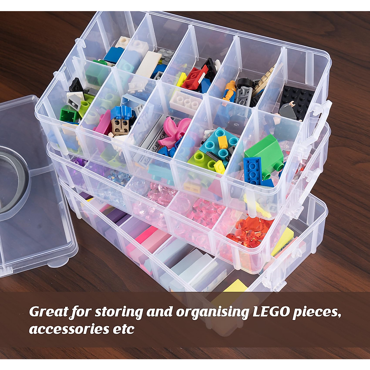 Anstore Storage Box with Compartments, Reinforced 3-Tier Clear Plastic Craft Storage Box with Lids, Practical Sorting Box for Crafts, Jewelry, Toy building blocks(Medium)