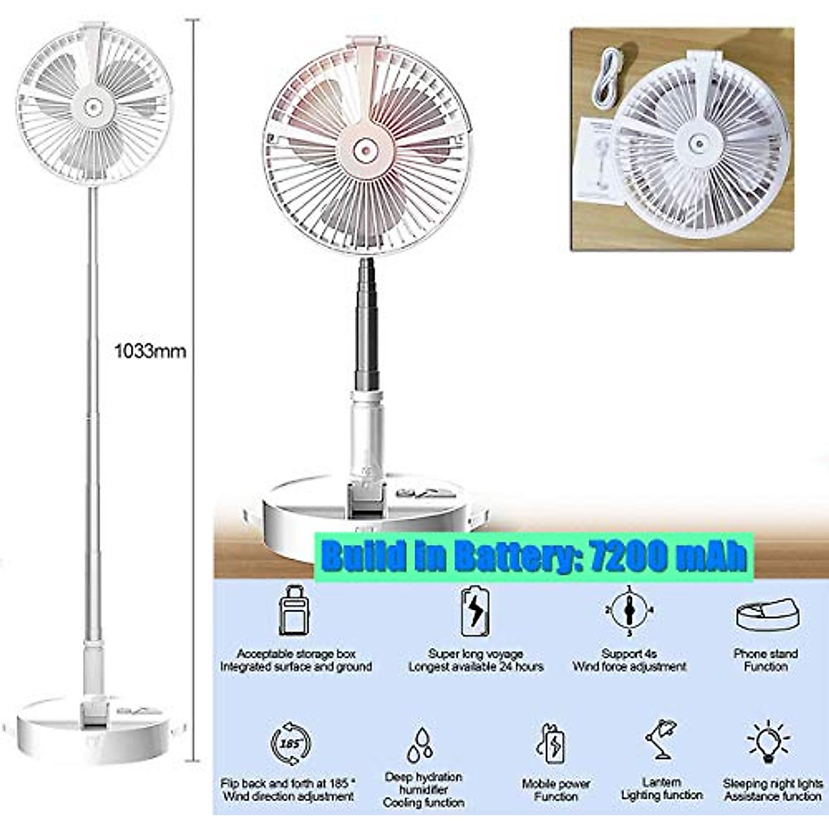 Lrufodya Portable Desk Fan, Height Adjustable Folding Floor Fan with Mister, Rechargeable Personal Travel Fan with 4 Wind Speeds Air Humidifier LED Lamp Night Light for Outdoor Camping fishing(White)