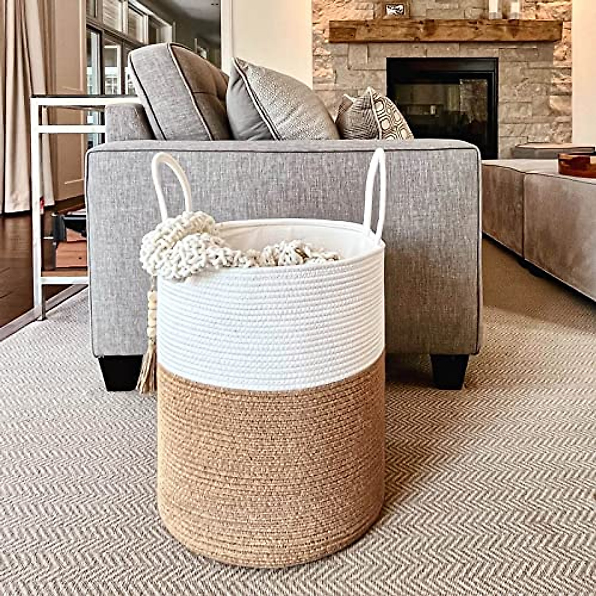 CherryNow Wicker Laundry Basket Tall Woven Hamper, Blanket Storage Basket for Living Room, Entryway, Toy Basket for Nursery, Decorative Clothes Hamper for Bedroom, White & Jute, 51L, 15 x 17.7 inches