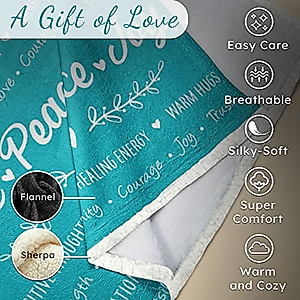 SIMORAS Positive Words Blanket with Sleep Mask, Socks and Gift Box - 'Love Peace Joy' Comfort Blanket Gift Set for Christmas, Birthday - Positive Energy Throw Blankets for Women - Teal 60" x 50"