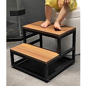 Step Stool for Adults and Kids, Wood and Metal Stepping Stool, 2 Steps with Corner Protectors, Bed Steps for High Bed, Elders and Toddler Stool for Bedroom, Bathroom, Kitchen (Brown)