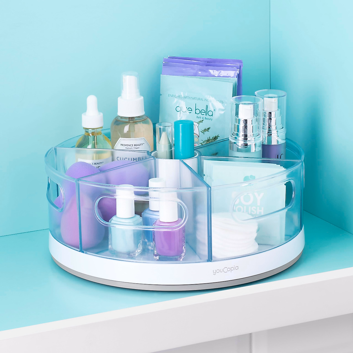 YouCopia Crazy Susan Lazy Susan Organizer, 6 BPA-Free Removable Clear Bins with Handles, Rotating Storage Turntable for Kitchen Cabinet, Pantry and Bathroom Organization,White