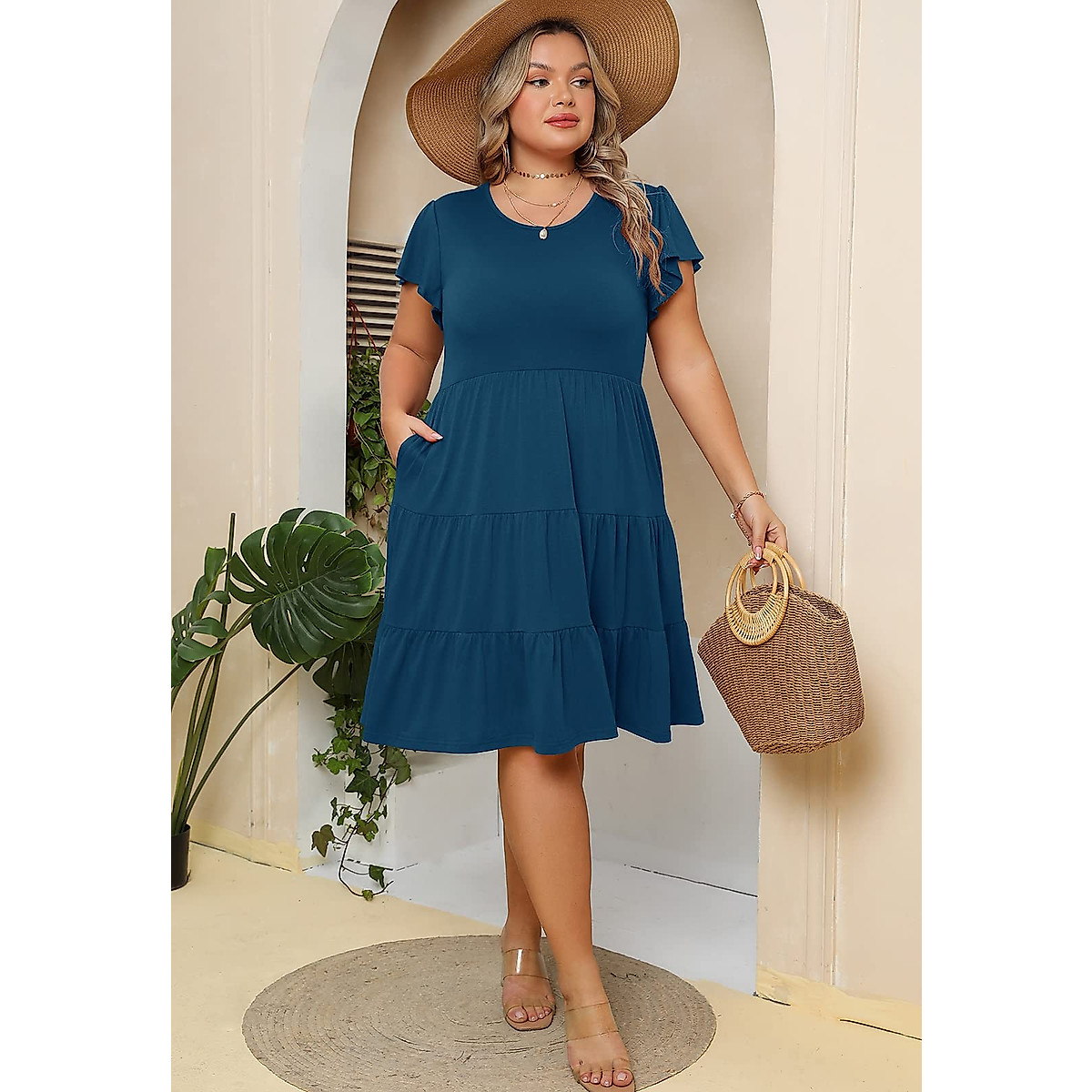 Younrui Women's Plus Size Solid Ruffle Beach Dress Flowy Tiered Aline Babydoll Casual Summer Boho Dress with Pockets (2XL-1005-Deep Blue)