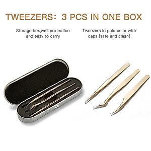 Eyelash Extension Tweezers, 3-Pack,Professional Stainless Steel Tweezers for Volume Lashes, Straight and Curved Tips for 3D-6D,Golden