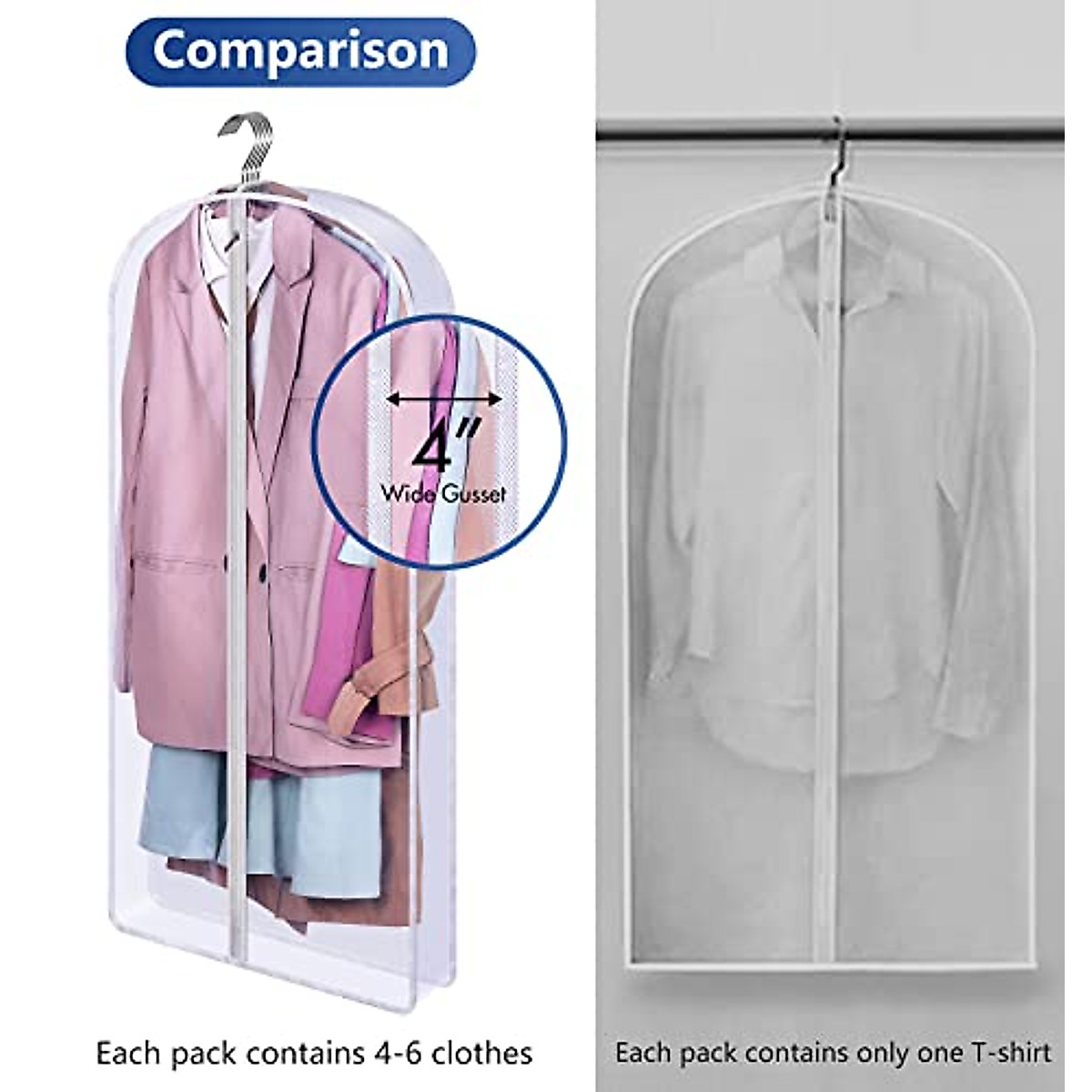 AOODA 40" Clear Garment Bags for Hanging Clothes Transparent Suit Bags for Closet Storage Coat Cover Protector for Sweater, Jacket, 4 Packs