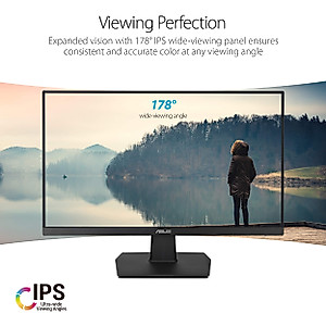 ASUS VA24EHE 23.8 Monitor, 1080P, Full HD, IPS, 75Hz, HDMI D-Sub DVI-D, Adaptive-Sync / FreeSync, VESA wall mountable, Eye Care, Flicker-free and Low Blue Light (Renewed)