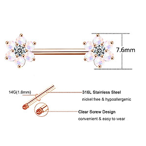 BODY16G CZCZ 14G Flower Nipple Rings 316L Stainless Steel Nipple Ring Opal Nipple Barbell Nipple Piercing Jewelry for Women