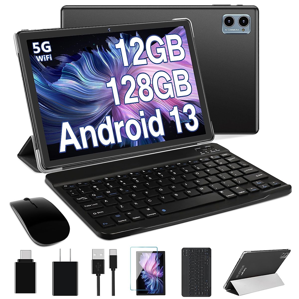 Oangcc Android 13 Tablet 2024 Newest 10 Inch Tablets with 12GB RAM +128GB ROM +1TB Expanded Octa-Core, 2 in 1 Tablet with Keyboard Mouse 5G Wi-Fi Blue/Tooth GMS Certified GPS - Black