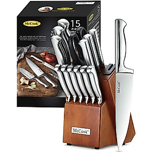 McCook MC29 Knife Sets,15 Pieces German Stainless Steel Kitchen Knife Block Sets with Built-in Sharpener