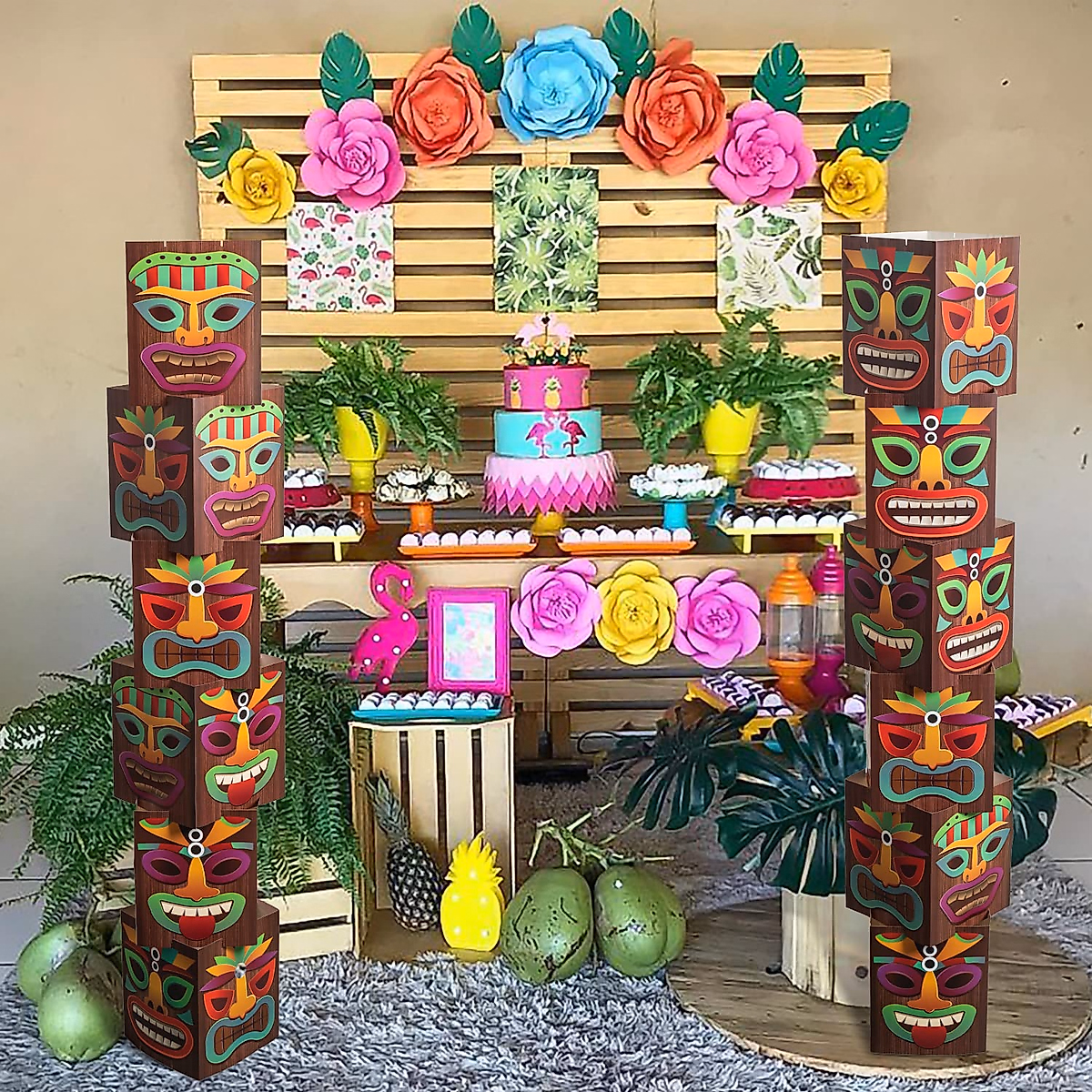 W1cwey 1 Large Tiki Column-6pcs Tiki Column Card Stock Decor, 68.8 Inch Height Three-Dimensional Tropical Hawaiian Luau Birthday Party Decoration Supplies Tiki Totem Decoration for Aloha Outdoor