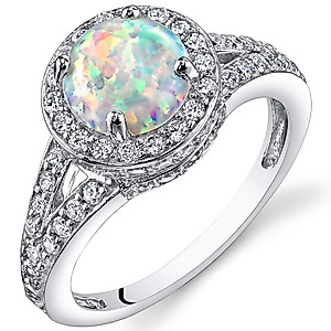 PEORA Created White Fire Opal Ring for Women 925 Sterling Silver, Vintage Halo Design, 1.25 Carats Round Shape 7mm Size 7