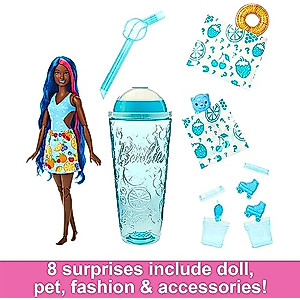Barbie Pop Reveal Doll & Accessories, Fruit Punch Scent with Blue Hair, 8 Surprises Include Slime, Color Change & Puppy