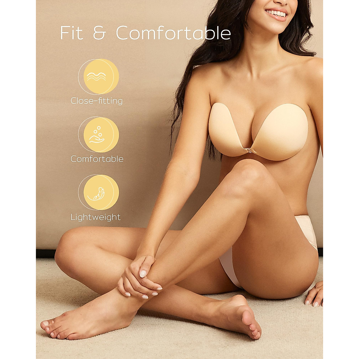 Niidor Adhesive Bra Strapless Sticky Invisible Push up Silicone Bra for Backless Dress with Nipple Covers Nude(B Cup)