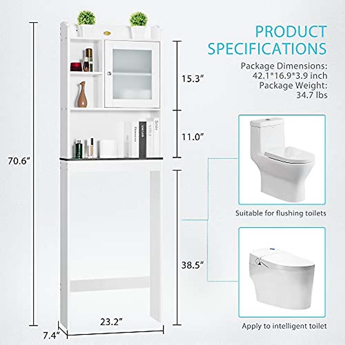 VIVOHOME Over The Toilet Storage Cabinet Organizer, 70.6" H Freestanding Bathroom Spacesaver with Adjustable Shelves, White
