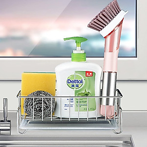 Sponge Holder Kitchen Sink Caddy Organizer,304 Stainless Steel Sink Soap Dispenser Caddy Rustproof Sink Rack Kitchen Sink Sponge Holder Soon Neat Sink Caddy Basket with Removable Divider Drain Tray